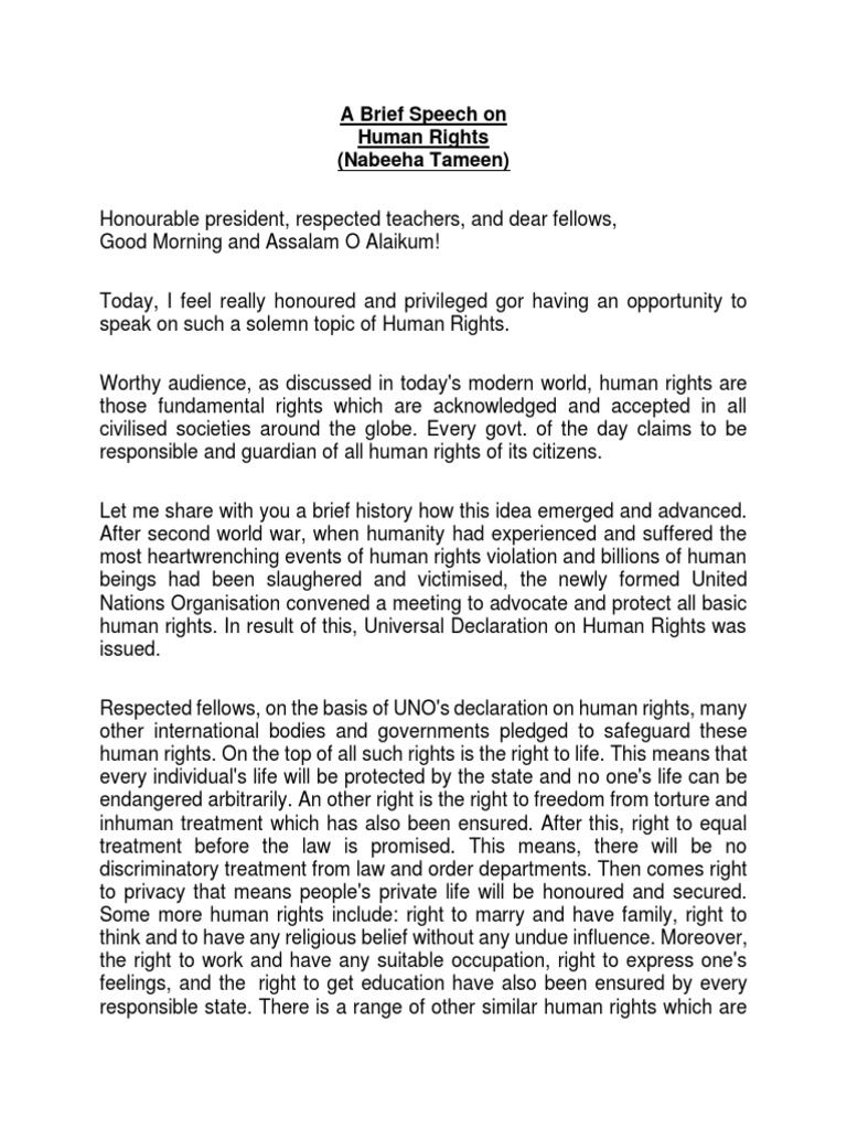 A Brief Speech On Human Rights (Nabeeha Tameen) | PDF | Rights | Human ...