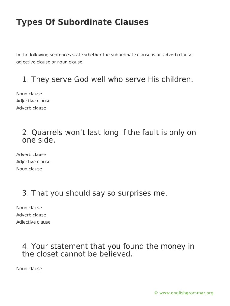 Subordinate Clauses Quiz | PDF | Adverb | Adjective