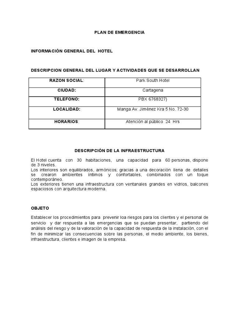 Plan de Emergencia | PDF | Hotel | Primeros auxilios