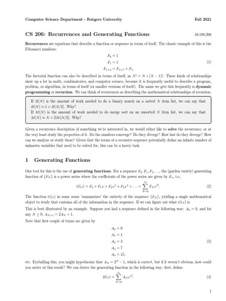 206 Recurrences And Generating Functions Pdf Recurrence Relation Sequence