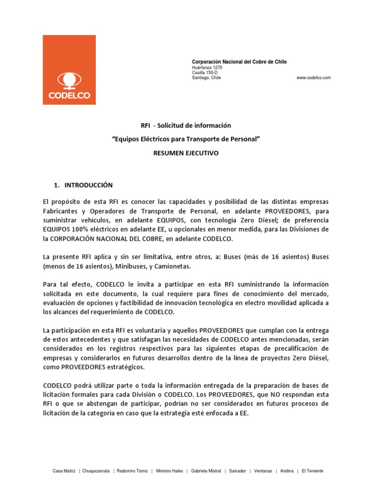 Rfi Veh Culos El Ctricos para Transporte de Personal | PDF
