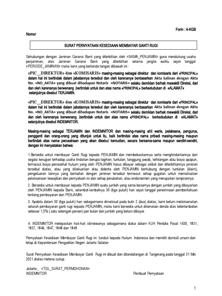 SURAT PERNYATAAN KESEDIAAN MEMBAYAR GANTI RUGI | PDF