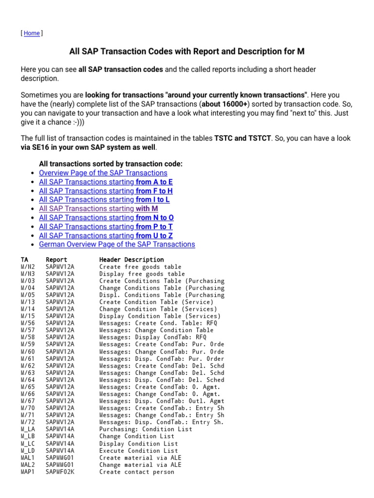 Comprehensive List of SAP Transaction Codes with Associated Reports and Descriptions | PDF ...