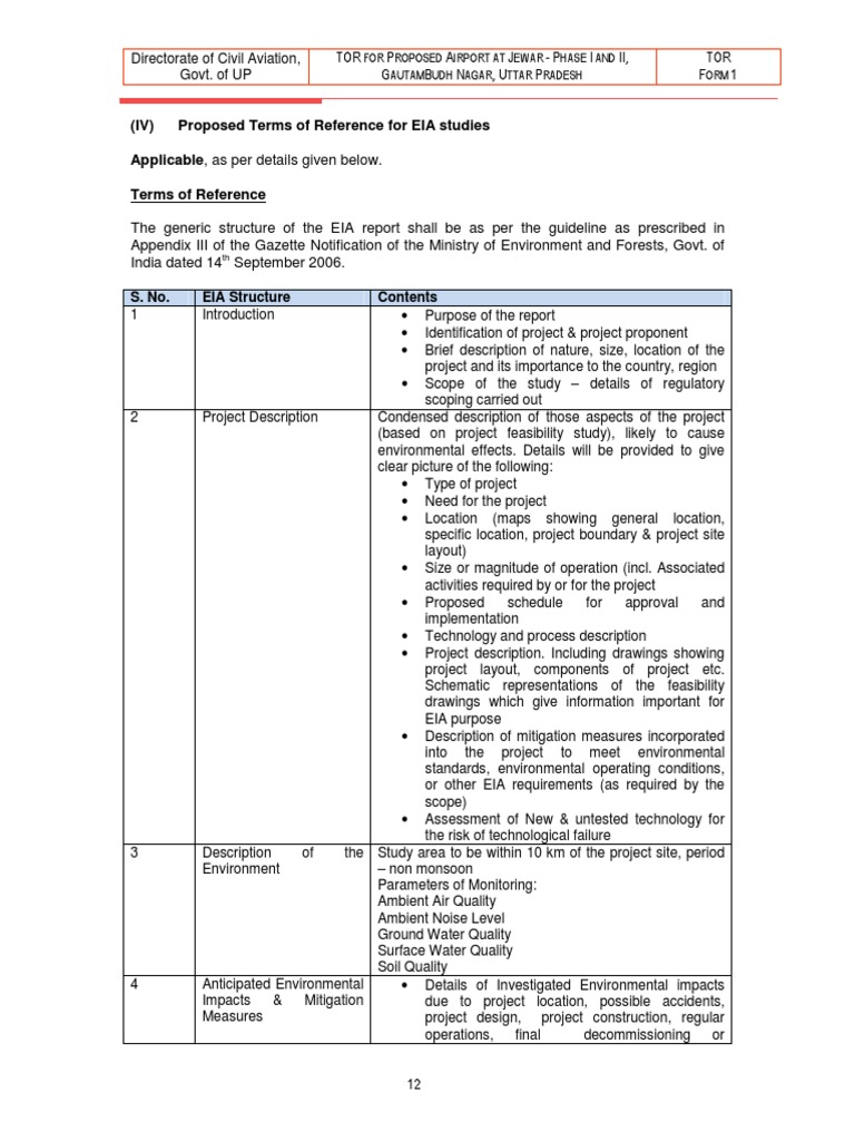 (IV) Proposed Terms of Reference For EIA Studies Applicable, As Per ...