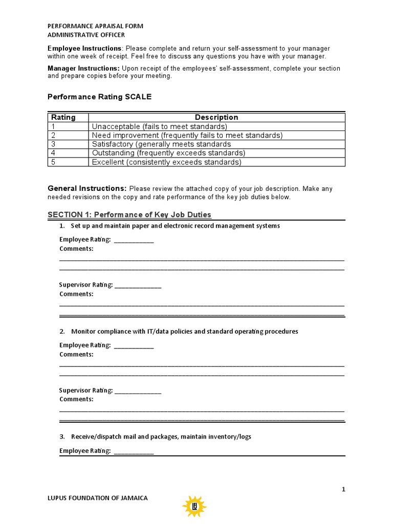 Performance Rating SCALE Rating Description: SECTION 1: Performance of ...