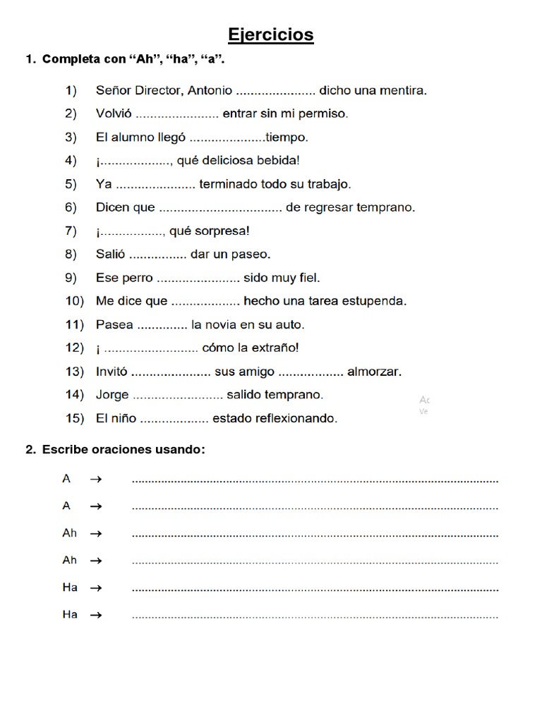 Ejercicios de Ortografía: A, Ah, Ha | PDF | Artes del Lenguaje y ...