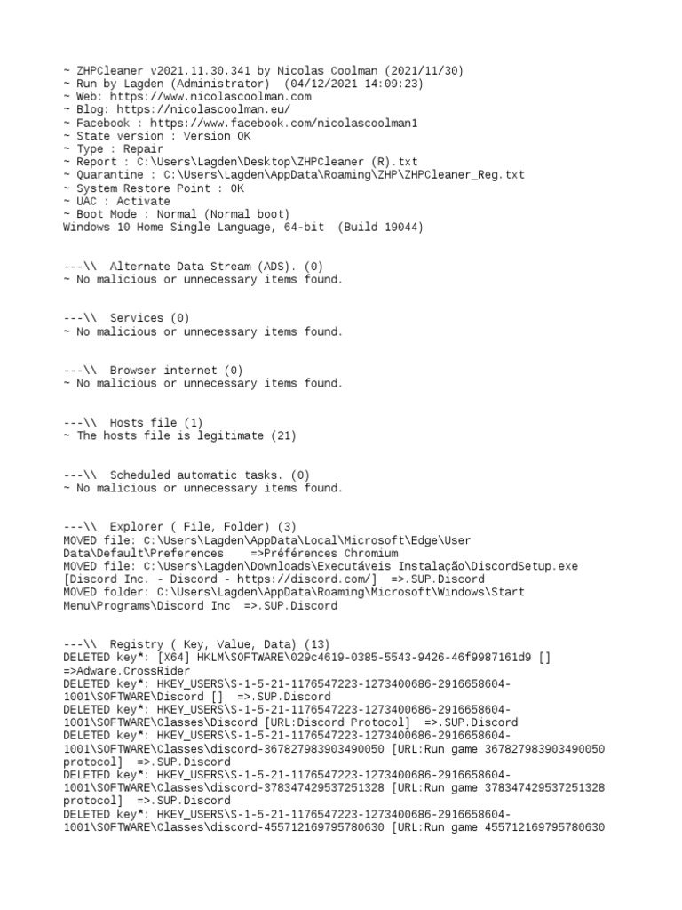 ZHPCleaner (R) | PDF | Windows Registry | Operating System Technology