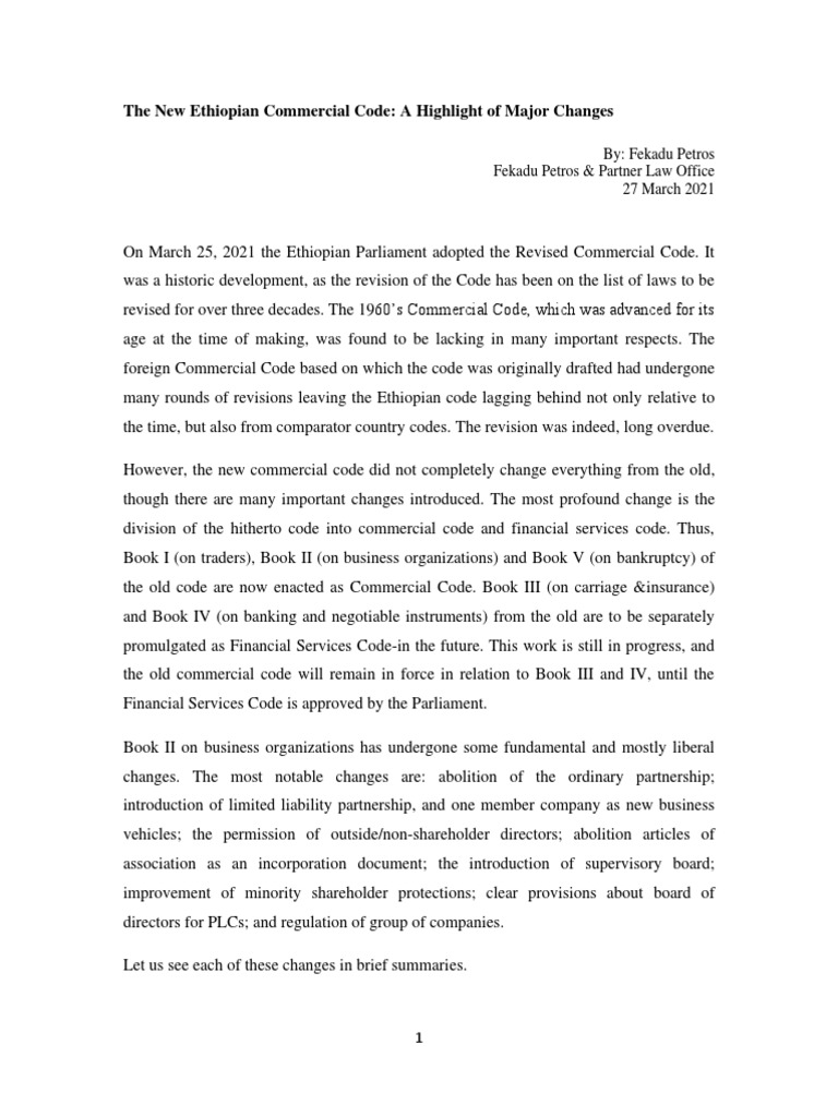 The New Ethiopian Commercial Code A Highlight of Major Changes | PDF ...