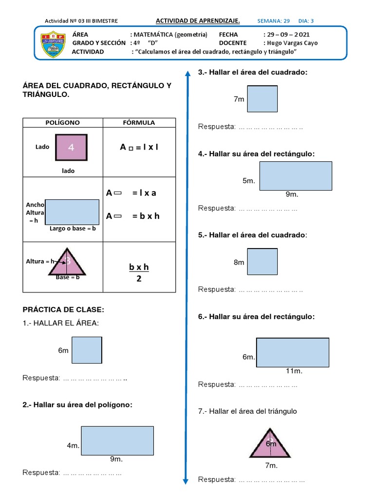 Ejercicios de área: cuadrado y rectángulo | PDF | Triángulo | Objetos ...