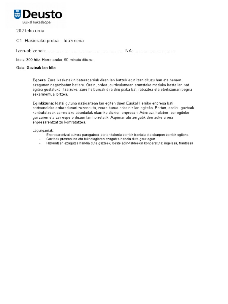 C1 - IDAZ - Hasierako Proba - 2021eko Urria | PDF