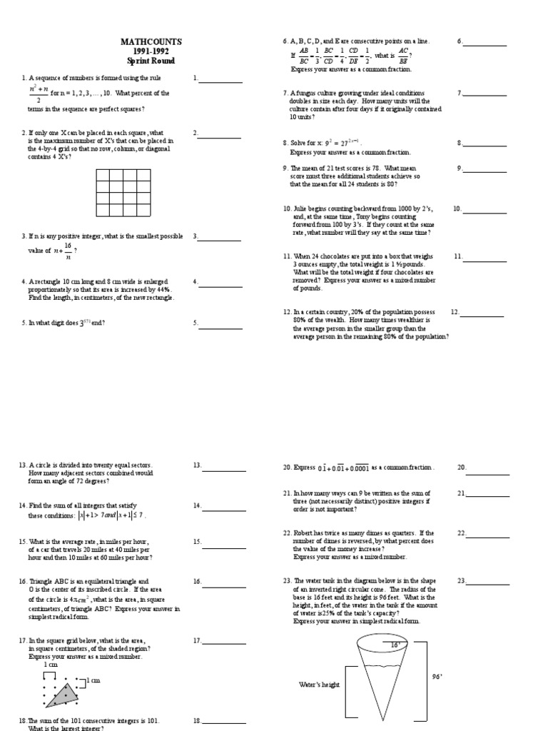 Mathcounts Sprint Round 1991-1992 | PDF | Area | Triangle