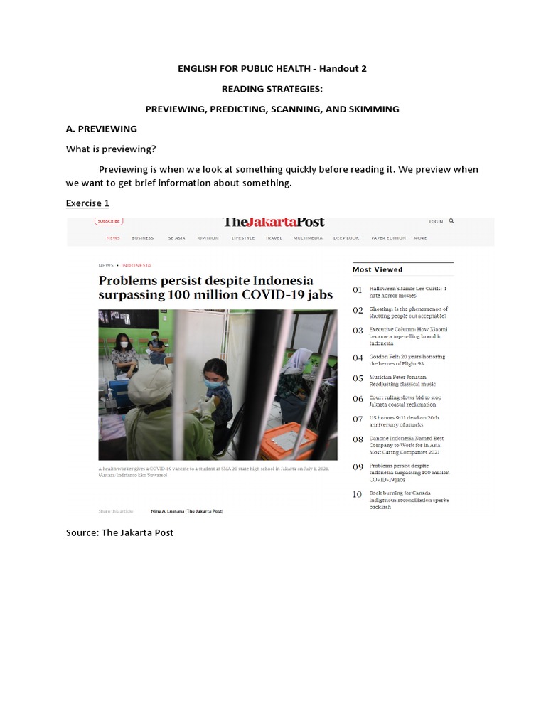 English For Public Health - Handout 2 Reading Strategies: Previewing ...