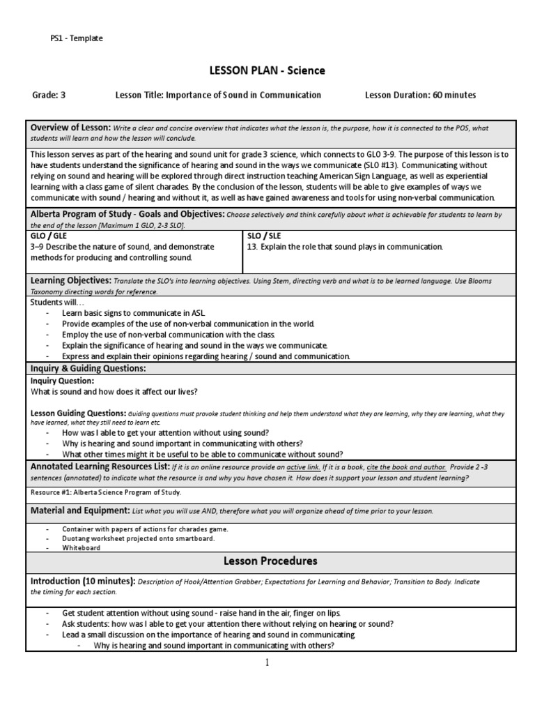 LESSON PLAN - Science: Grade: 3 Lesson Title: Importance of Sound in ...