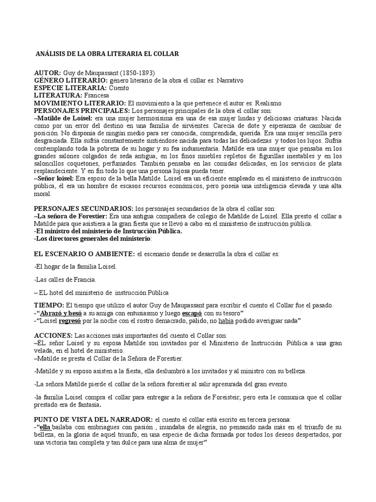 Analisis de La Obra Literaria El Collar | PDF | Cuentos