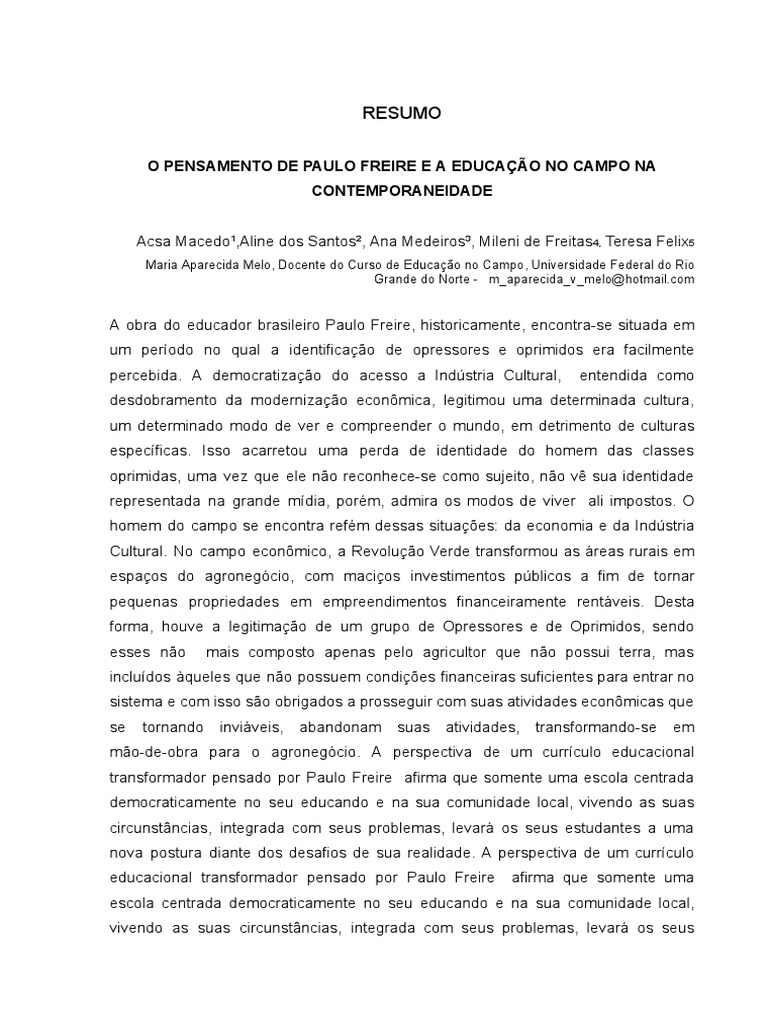 O PENSAMENTO DE PAULO FREIRE E A EDUCAÇÃO NO CAMPO NA CONTEMPORANEIDADE ...