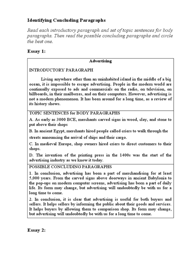 Read Each Introductory Paragraph and Set of Topic Sentences For Body ...