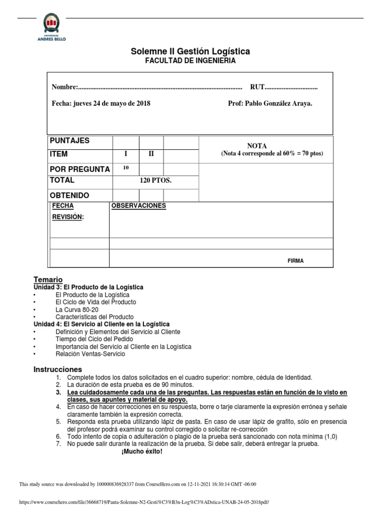 Pauta Solemne N 2 Gesti N Log Stica UNAB 24 05 2018 PDF | PDF | Cliente | Al por menor