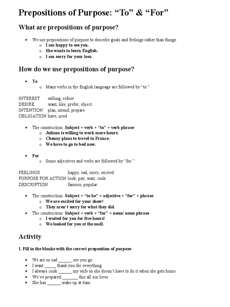 Prepositions of Purpose | PDF