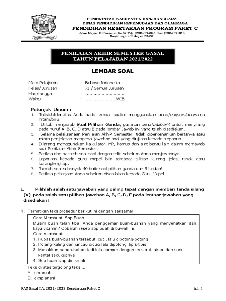 Soal BINDO Paket C Kls XI | PDF