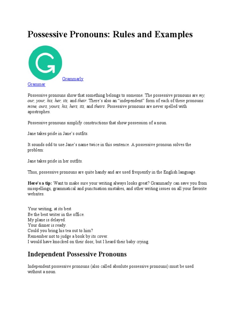 Possessive Pronouns Rules | PDF
