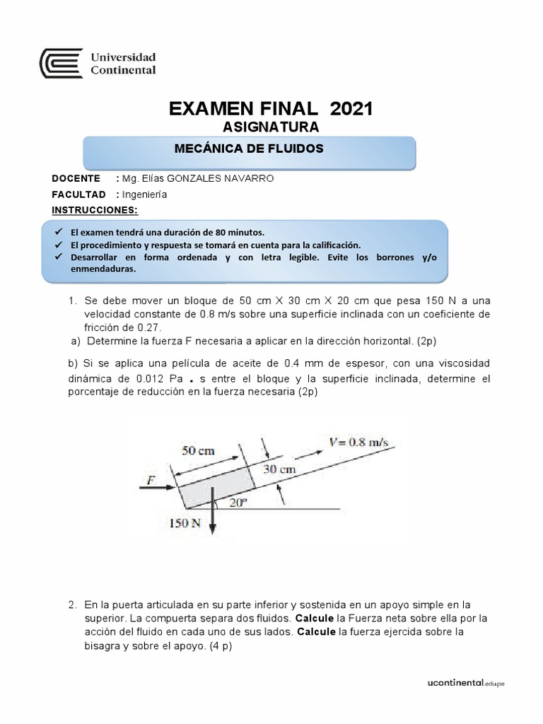 Examen Final MECANICA DE FLUIDOS | PDF