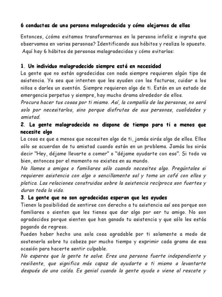 6 Conductas de Una Persona Malagradecida y Cómo Alejarnos de Ellas | PDF