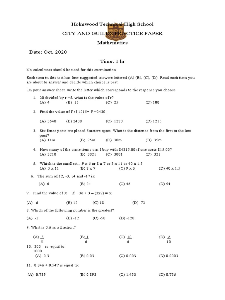 City N Guilds Practice Paper | PDF | Mathematics