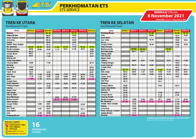 Jadual Tren 16 ETS PKP 8 Nov 2021 | PDF | Transport | Sustainable Transport
