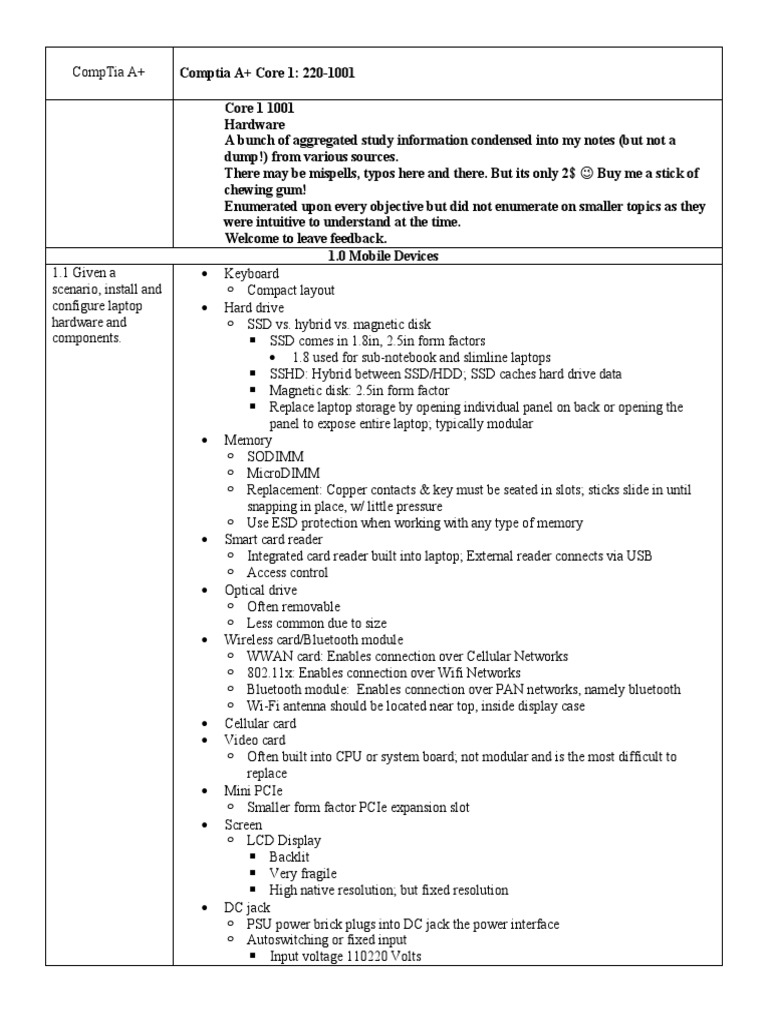 CompTIA A+ Core 1 Study Guide 220-1001 | PDF | Computer Network ...