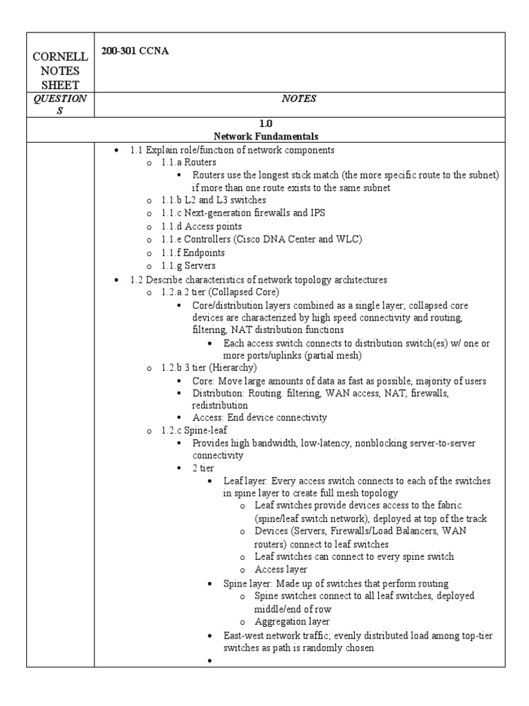 Cornell Notes Sheet: 200-301 CCNA | PDF | Routing | Ip Address