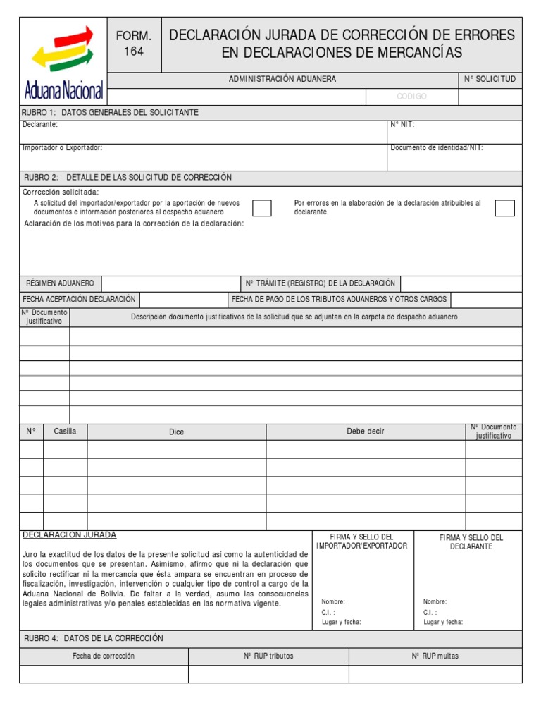 Form 164 Declaracion Jurada de Correccion de Errores en Declaracion de ...