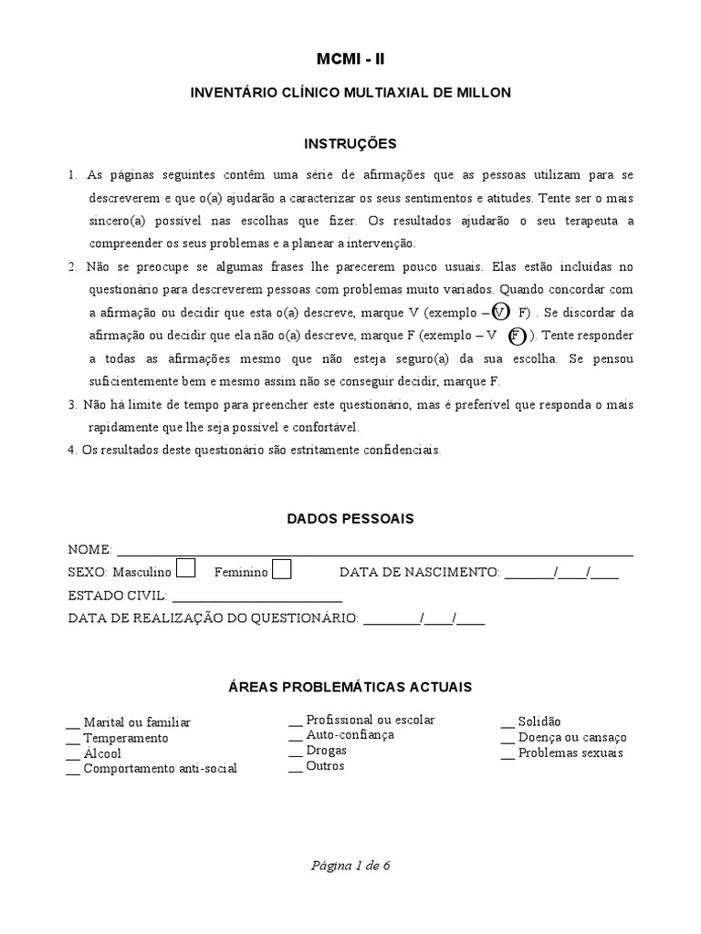 Millon - MCMI-II - Protocolo - Revisto | PDF | Amor | Pensamento