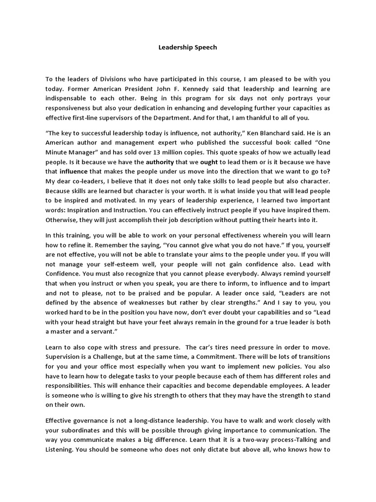 Sample Leadership Speech | Download Free PDF | Leadership | Psychology