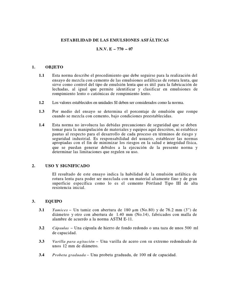 Norma INV E-770-07 | PDF | Cemento | Materiales Norma INV E-770-07 | PDF | Cemento | Materiales