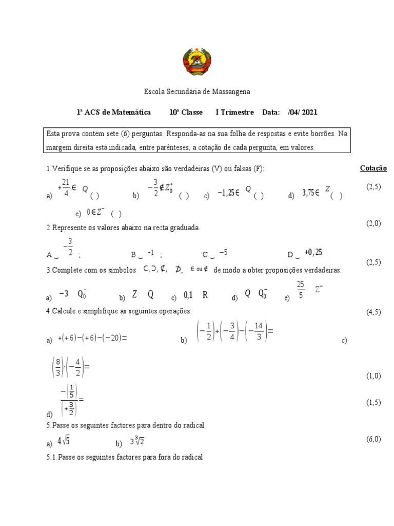 Prova de Matemática 10ª Classe 2021 | PDF | Matemática