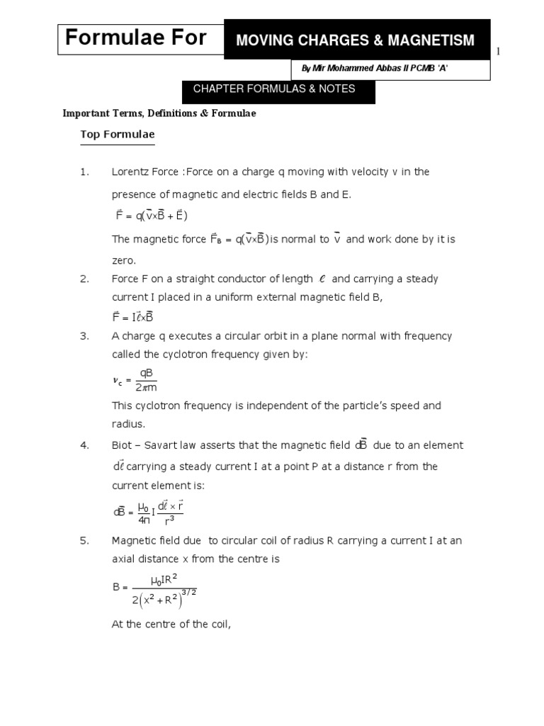 Key Formulas for Magnetism & Charges | PDF | Magnetic Field | Temporal ...