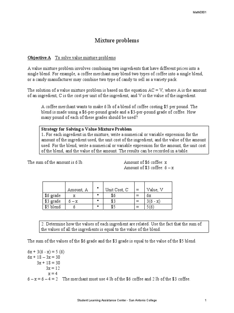 Objective A To Solve Value Mixture Problems | PDF | Solution | Mixture
