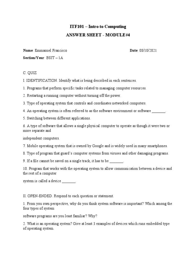 ITF101 - Intro To Computing Answer Sheet - Module#4 | PDF