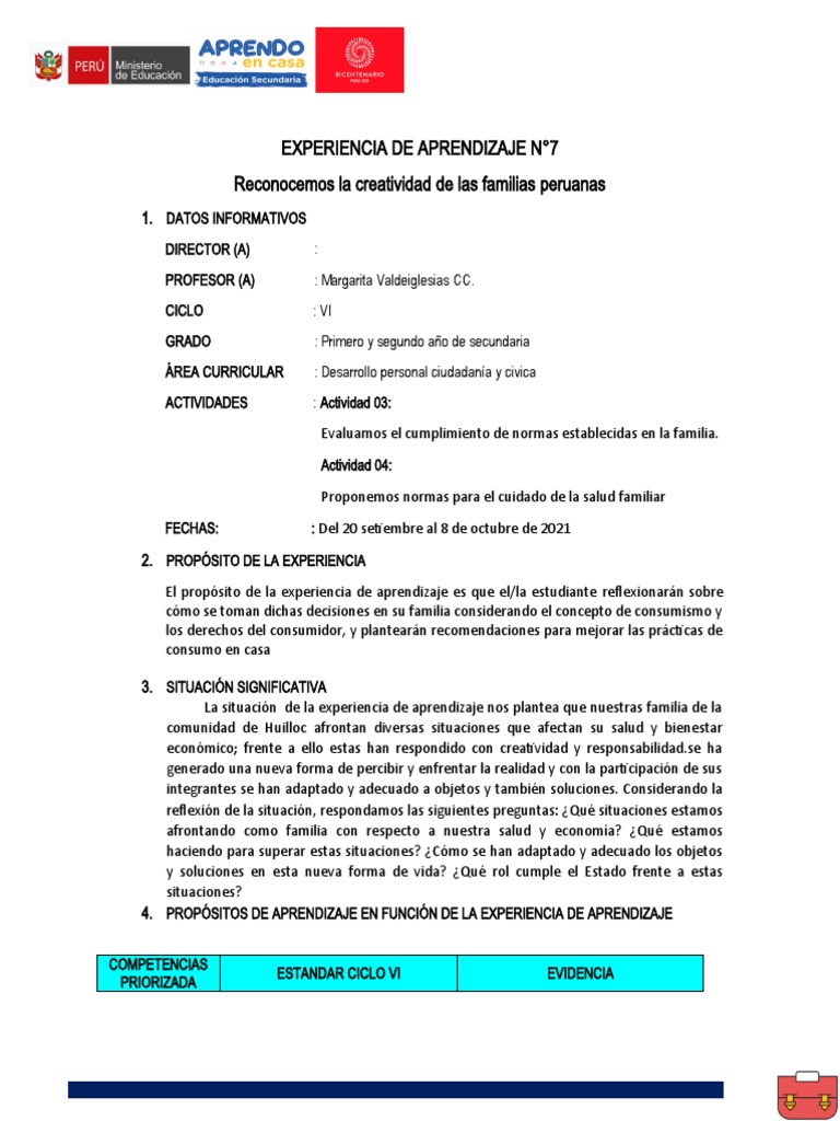 Experiencia de Aprendizaje 7-DPCC 1º y 2° Sec | PDF | Aprendizaje | Bienestar