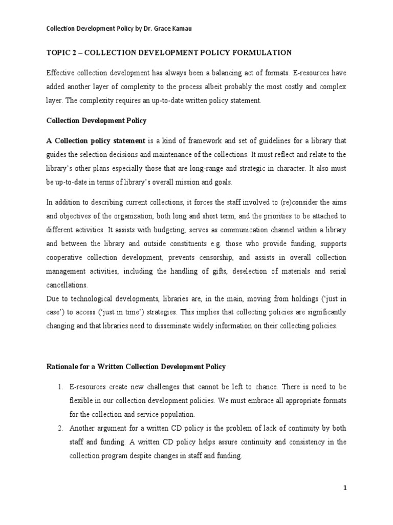 TOPIC 2 - Collection Development Policy | PDF | Libraries | Policy