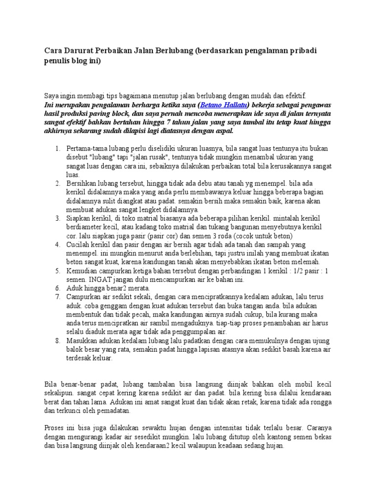 Cara Darurat Perbaikan Jalan Berlubang | PDF | Griya & Taman