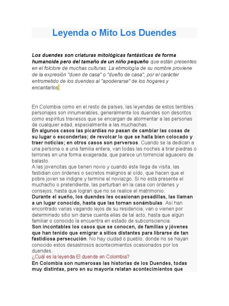Leyendas de Duendes en Colombia | PDF
