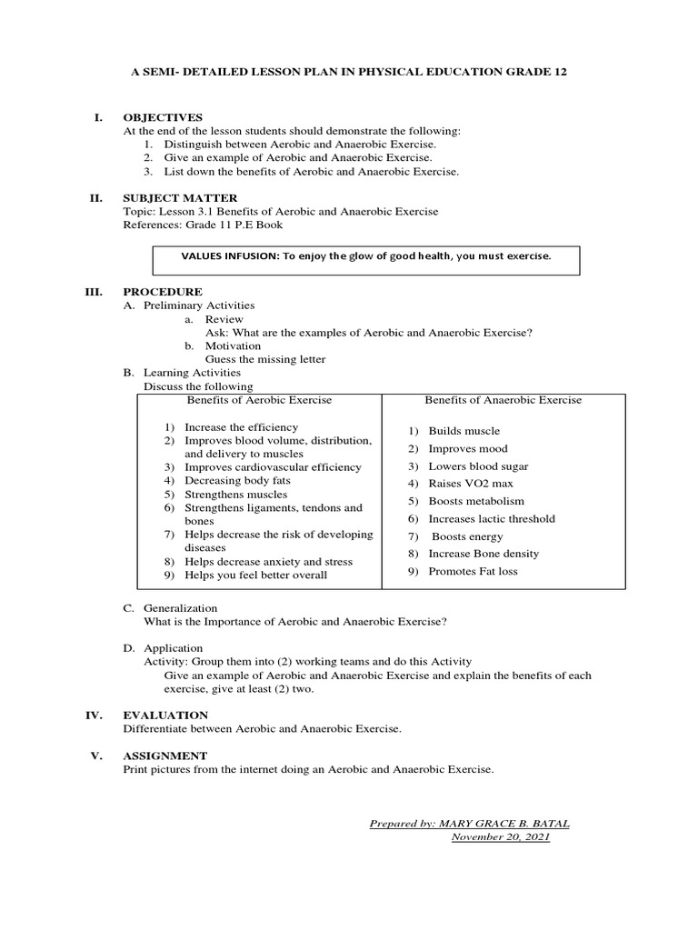 Semi-Detailed Lesson Plan | PDF | Aerobic Exercise | Determinants Of Health