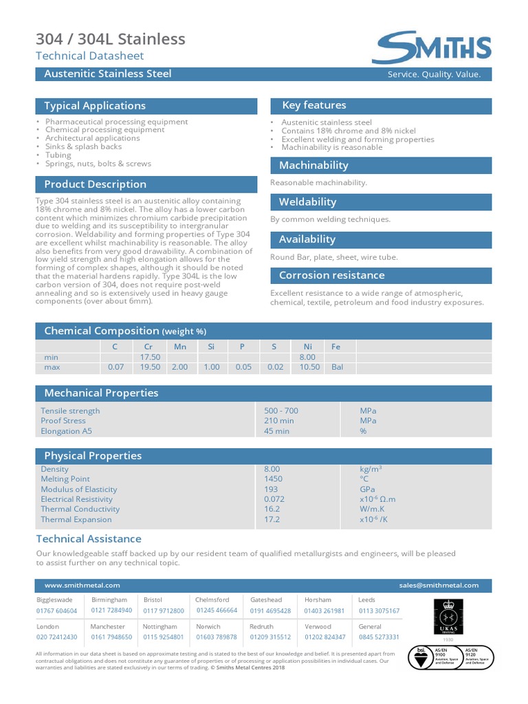 304 / 304L Stainless: Technical Datasheet | PDF | Stainless Steel | Steel