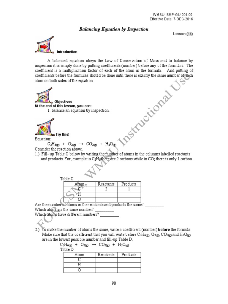 Lesson 13 Balancing Equation by Inspection | PDF | Chemistry | Physical ...