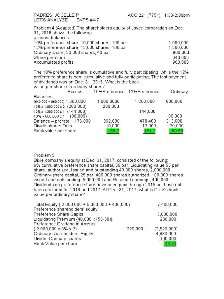 Problem 4-7 - BVPS Lets Analyze - Pabres - ACC221 | PDF | Preferred ...