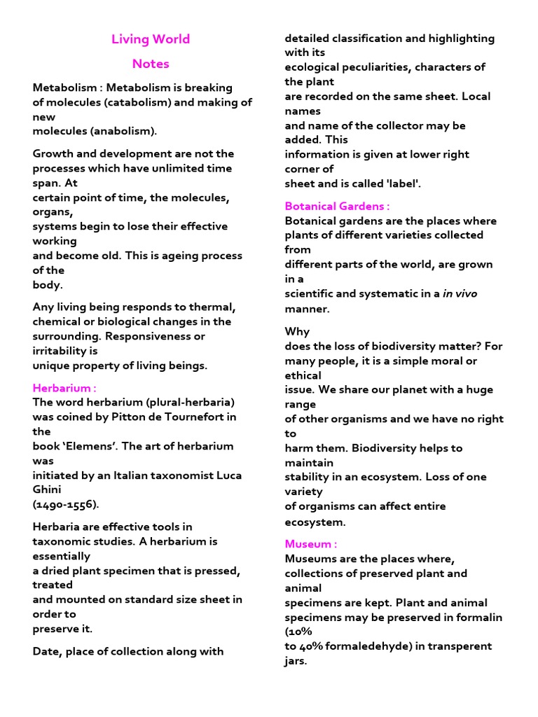 Living World Notes: Botanical Gardens | PDF | Zoo | Taxonomy (Biology)