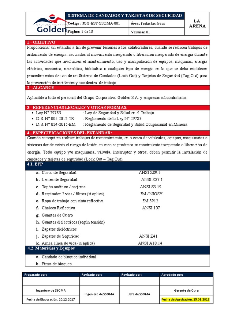 SGG-EST-SSOMA-001 - Sistema de Candados y Tarjetas de Seguridad - V.01 | PDF | Ingenieria Eléctrica