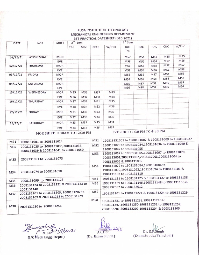 BTE Practical Datesheet Dec 2021 | PDF