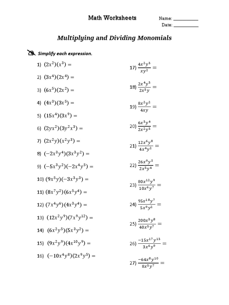 Multiplying and Dividing Monomials Worksheets | PDF